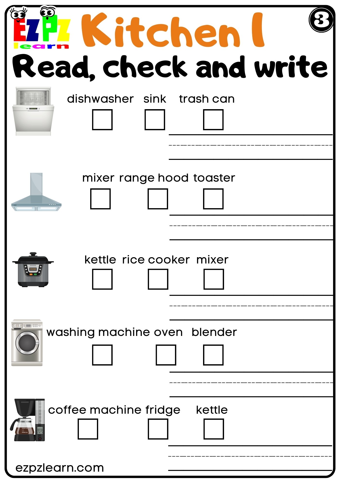Kitchen Appliances Read Check and Write Worksheet Set 3 for ESL and Homeschool students PDF ...